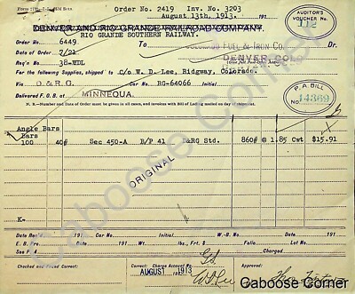 RGS Rio Grande Southern Railroad Form 2732 & Bill For Voucher August 13 ...