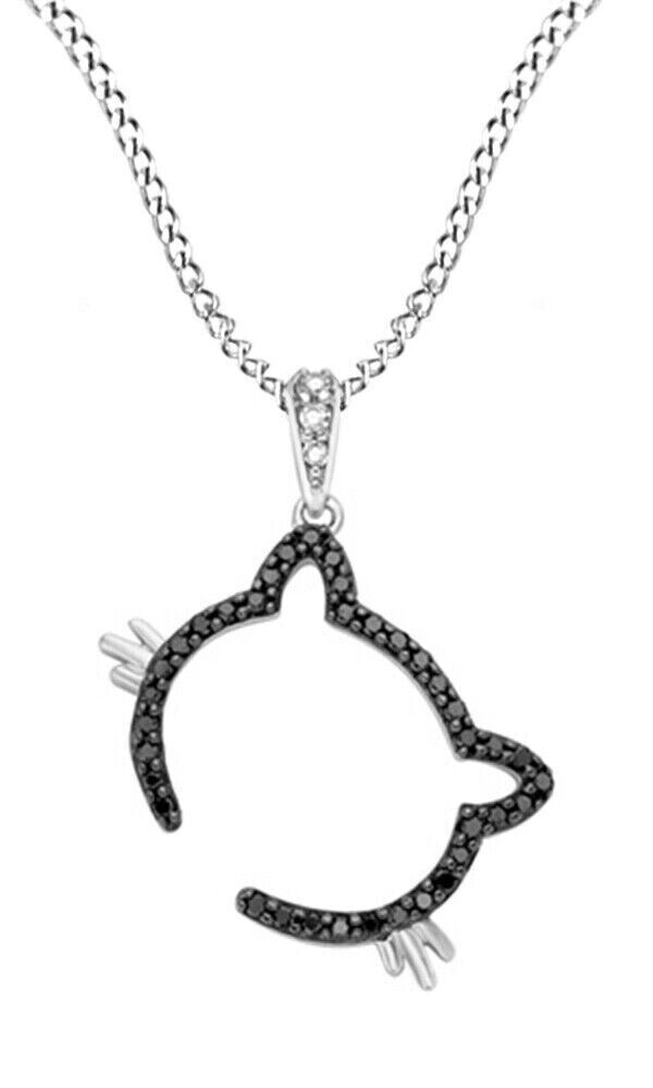 1/5 Ct Simulated Round Black White Diamond Cat Head Pendant 925 ...