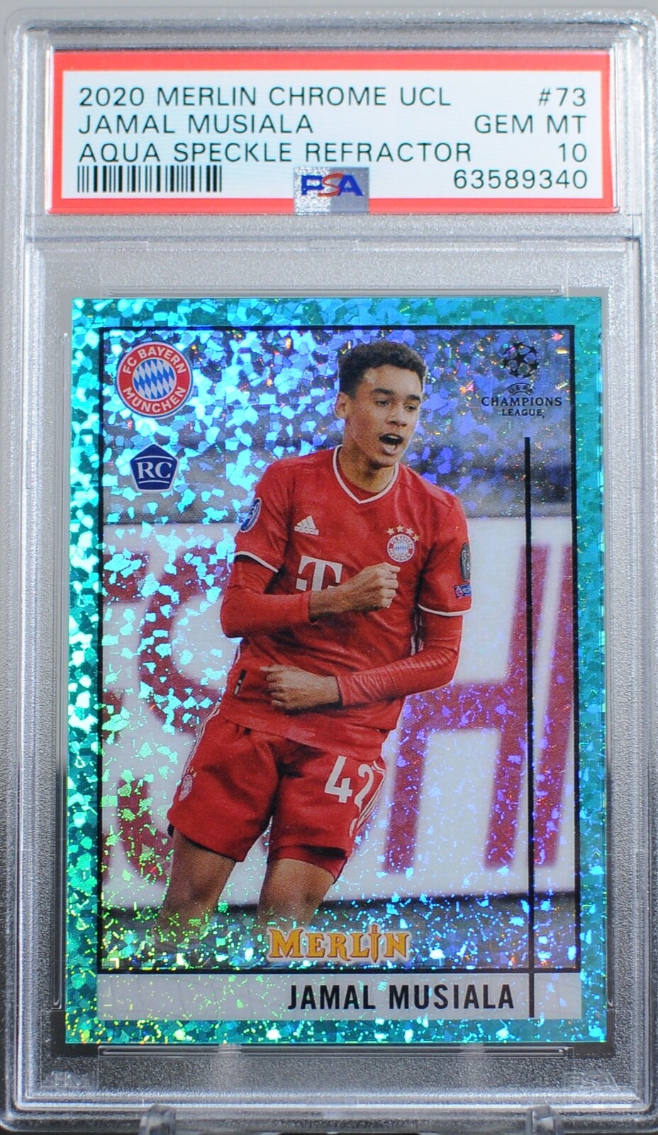 2020 Merlin Chrome UCL Rookie Jamal Musiala Aqua Speckle Refractor PSA ...