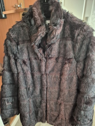 Beautiful, pre-loved, M&S Per Una, faux fur black coat size L, 16-18 ...