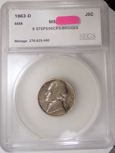 UNC 1963-D Jefferson FULL STEPS! SEGS 5555 Mint State 5 steps/NICK True ...