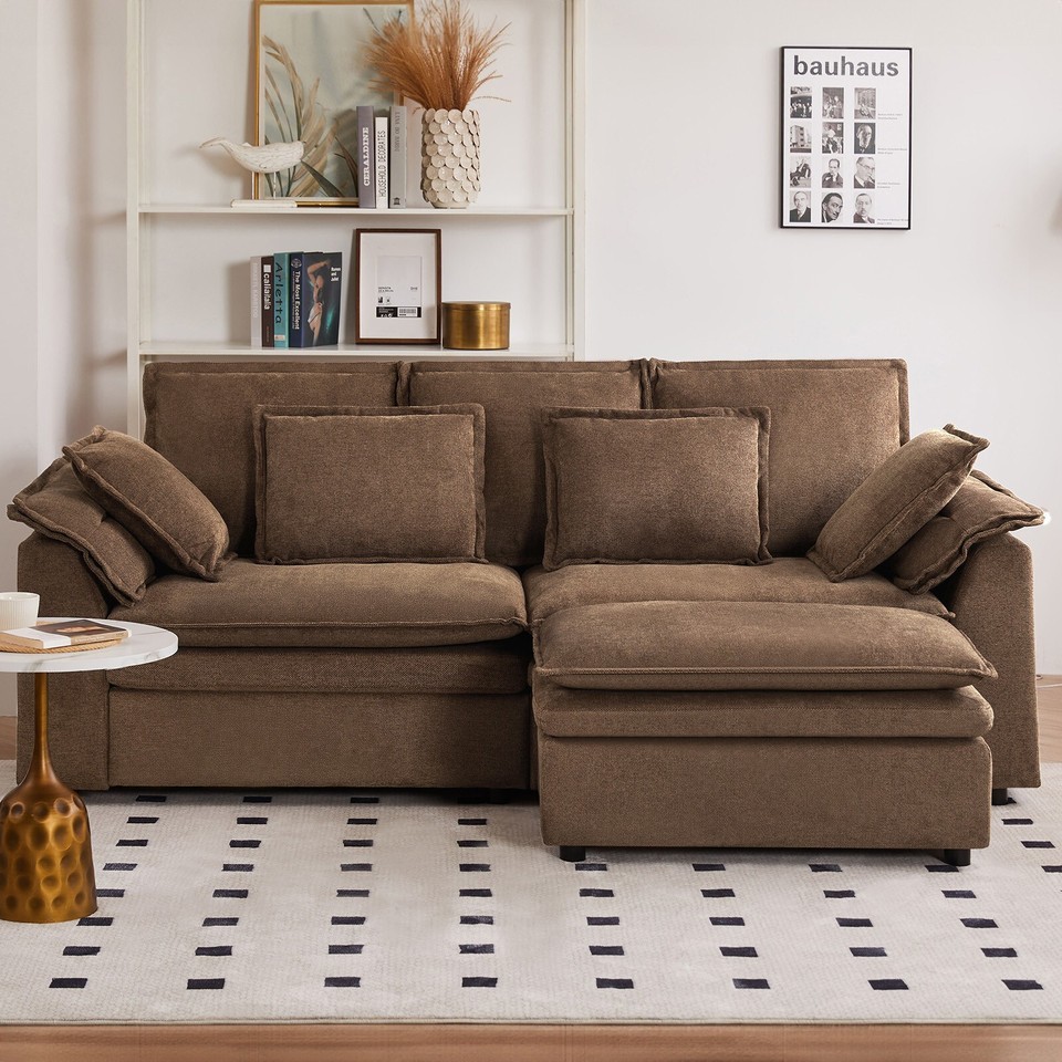 Sofa Couch with Pillows, Modern Chenille Sofa with Moveable Ottoman ...