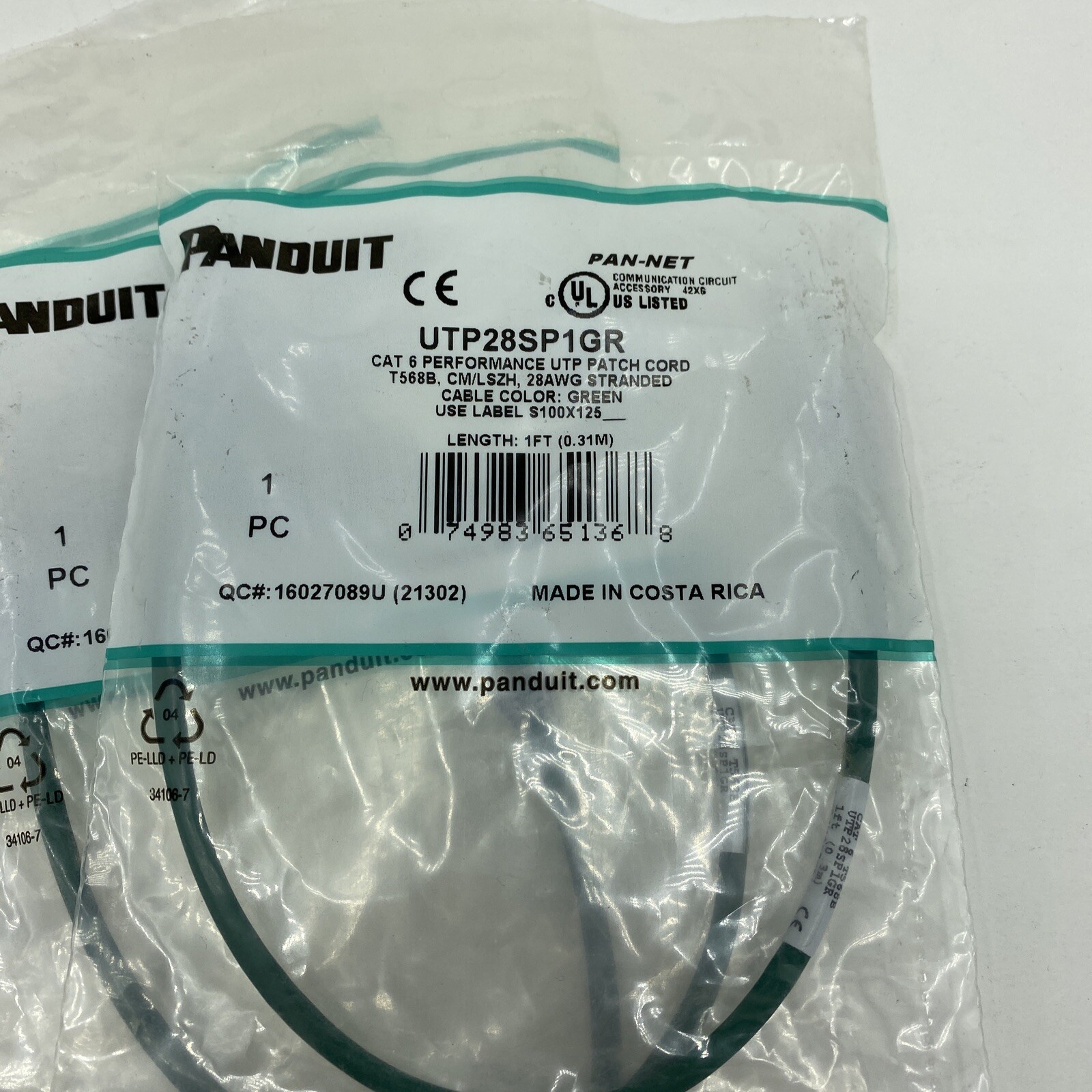 (3) Panduit Cat 6 28 AWG UTP Copper Patch Cord, 1 ft, Green UTP28SP1GR ...