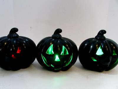 Black HALLOWEEN PUMPKINS Light-Up Set of 3 Plastic WORKS 4" Tall | eBay