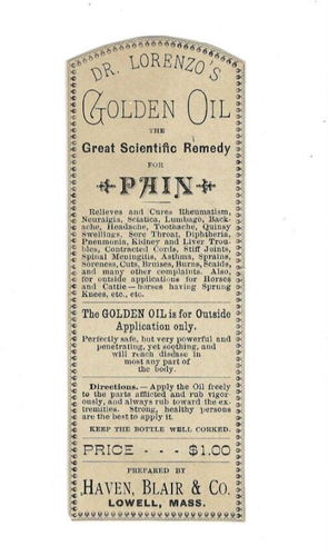 Old Quack Medicine Label Dr Lorenzo's Golden Oil Remedy Pain Haven ...