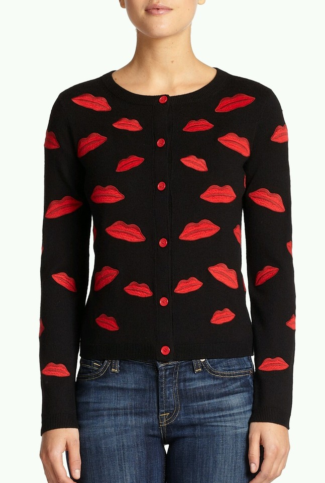 Alice + Olivia Pout Embroidered Lips Sweater Cardigan Wool Knit Top ...