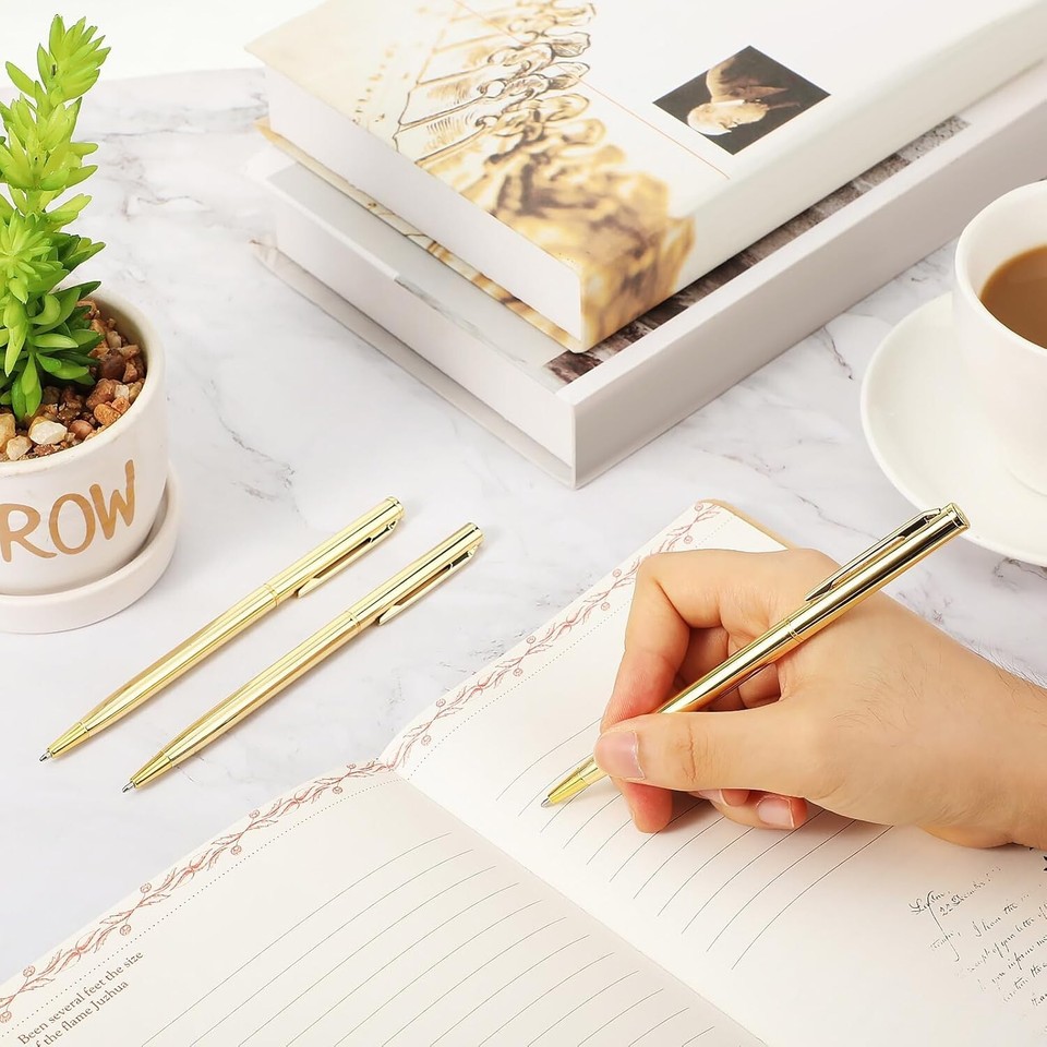 Gold Metal Slim Ballpoint Pens Bulk Retractable Metallic Black Ink 1 mm ...