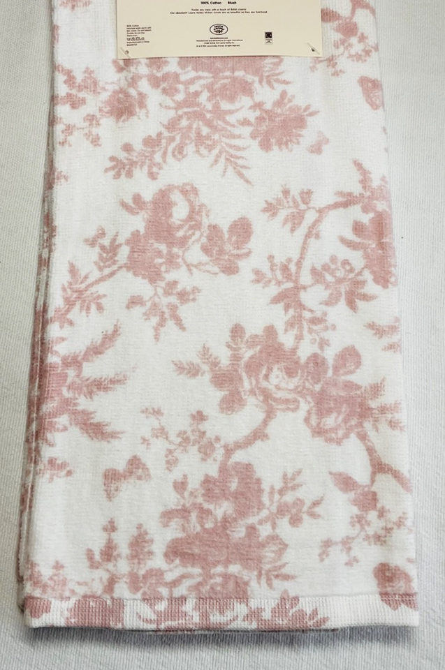 LAURA ASHLEY KITCHEN TOWELS (2) ROSES PINK WHITE 100% COTTON 18 X 28 ...