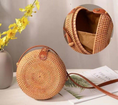 Handmade Small Round Rattan woven bag, boho style Beach Bag, crossbody ...