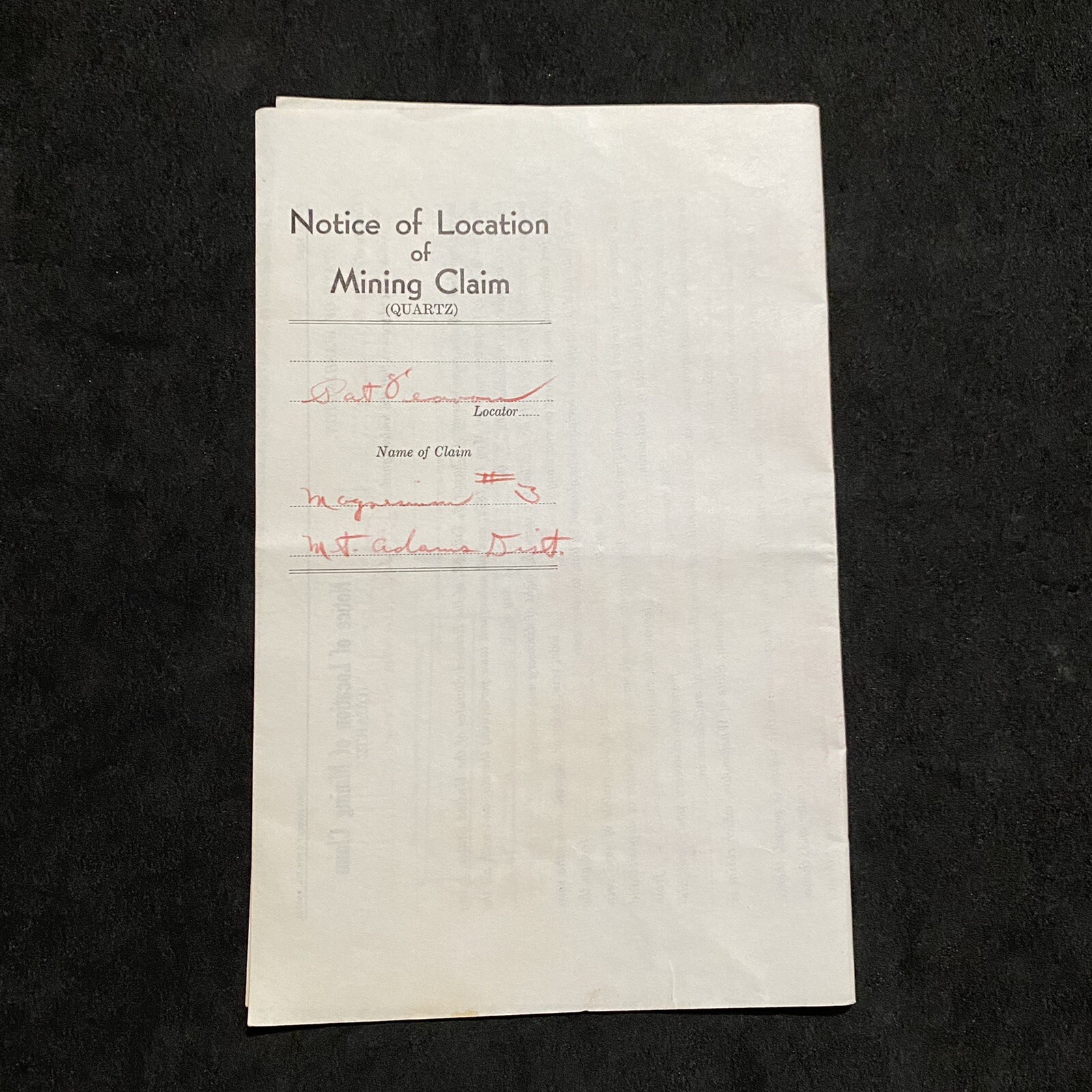 Vintage Notice Of Location Mining Claim Form Yakima County Washington ...