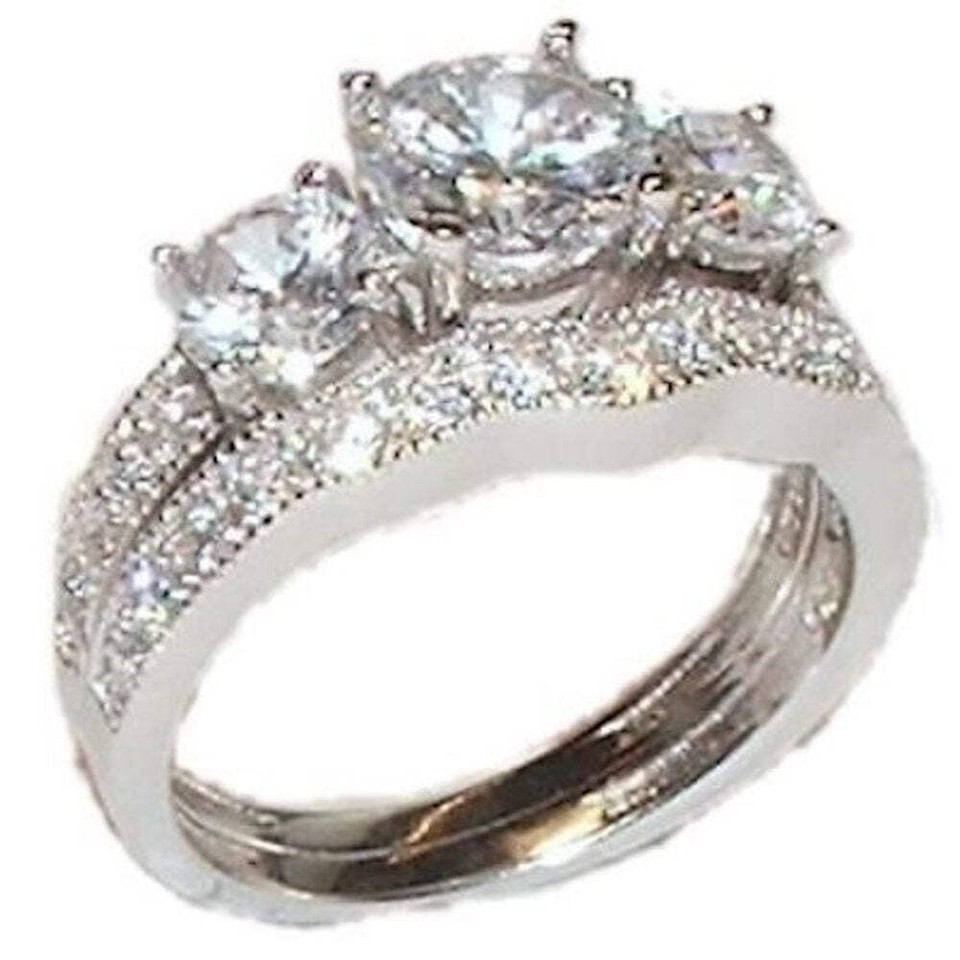 3.75 ct Three Stone Women's Wedding Engagement Ring Set Sterling Silver ...