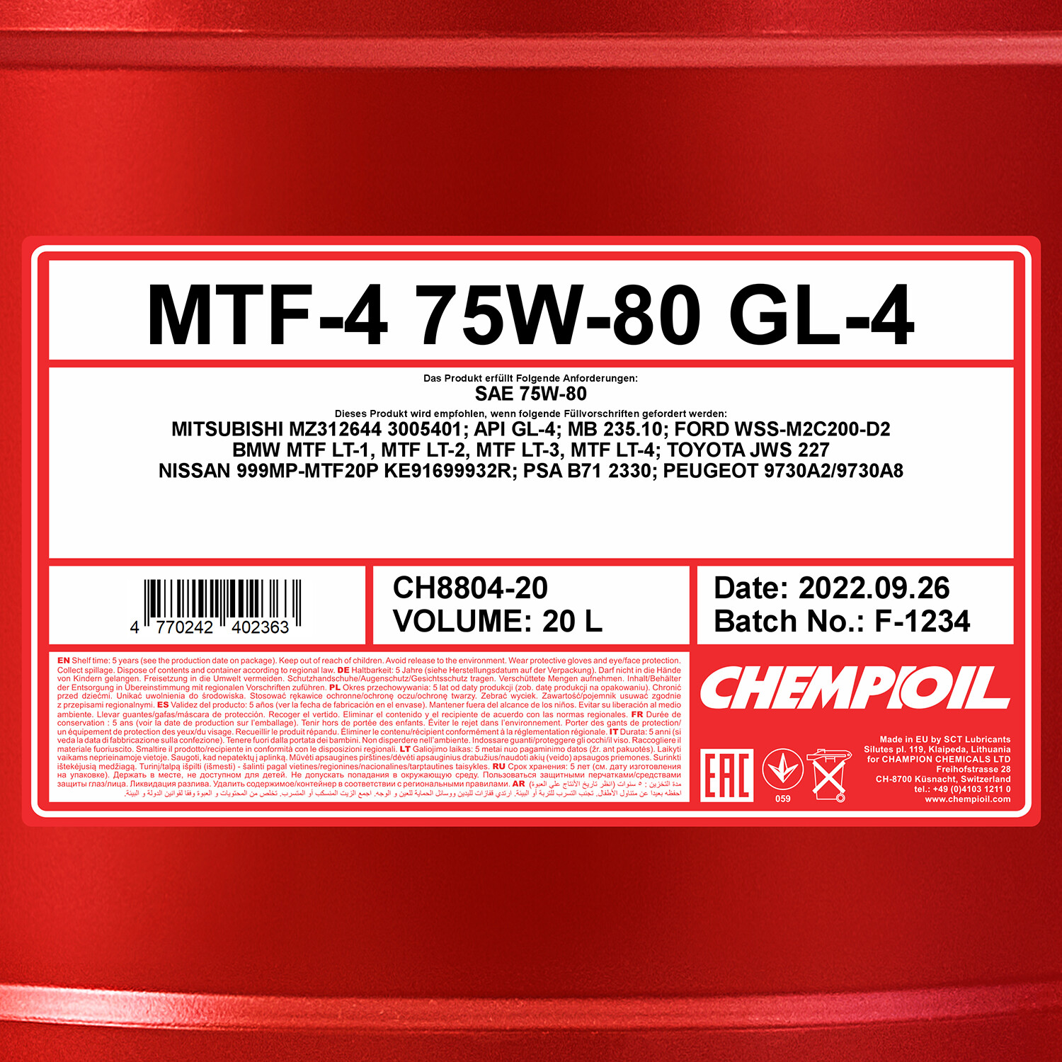 CHEMPIOIL 8804 MTF-4 75W-80 GL-4 Getriebeöl API GL-4, BMW MTF LT-4, 20 ...