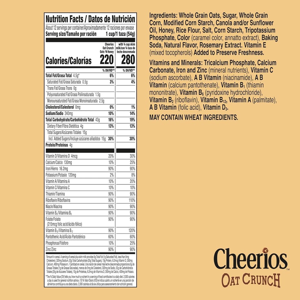 Cheerios Oat Crunch Oats 'N Honey Breakfast Cereal, Made with Whole ...
