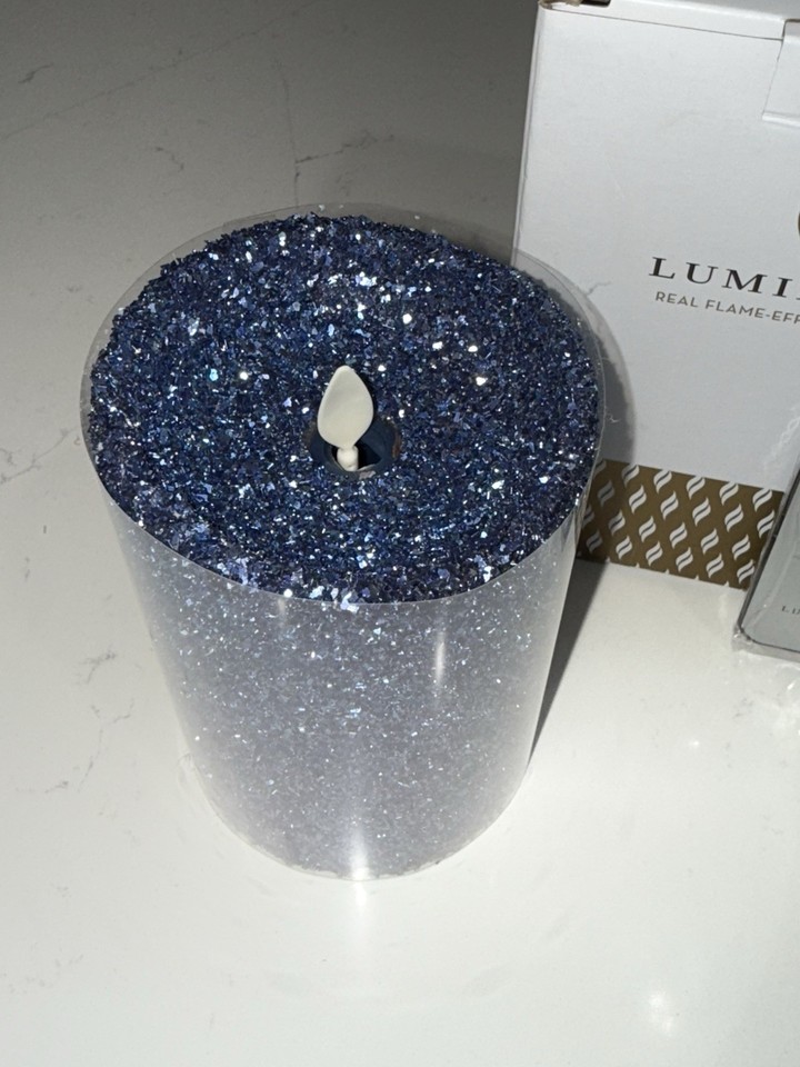 Luminara Flameless Candle Blue Glitter Real Flame Effect Pillar ...