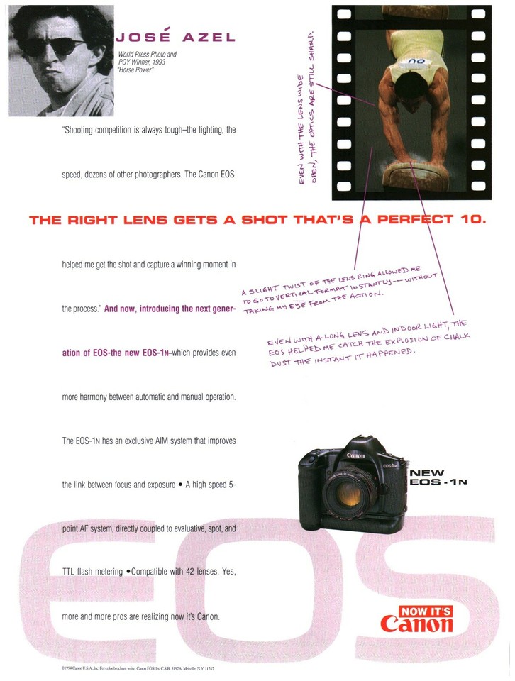 1994 - DOUBLE SIDED PRINT AD - CANON EOS - 1N CAMERA AD MUSCLES POMMEL ...