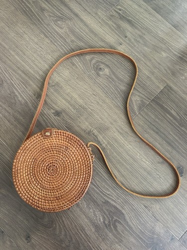 Hand-Woven Round Rattan Wicker Purse Crossbody Bag Tropical Lining With ...