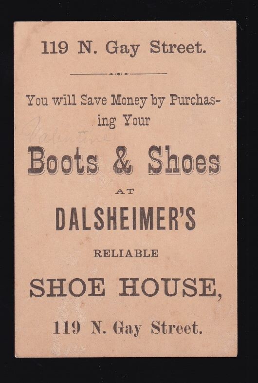 [84776] 1890's TRADE CARD for DALSHEIMER's BOOTS & SHOES, BALTIMORE, MD ...