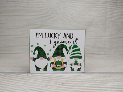 New "I'm Lucky & Gnome It" Leprechaun Irish Wood SIGN Decor Tier Tray ...