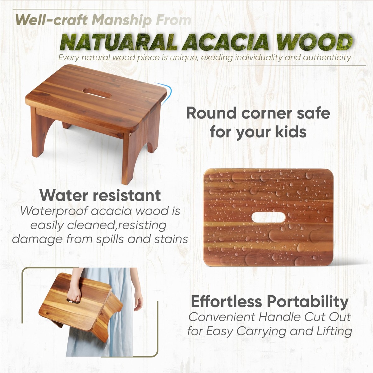 300 Lb Capacity Small Stool Acacia Wood Step Stool – 9 Inch Height, 500 ...