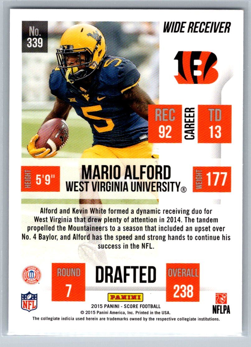 2015 Score Rookie RC #339 Mario Alford Cincinnati Bengals Football Card ...