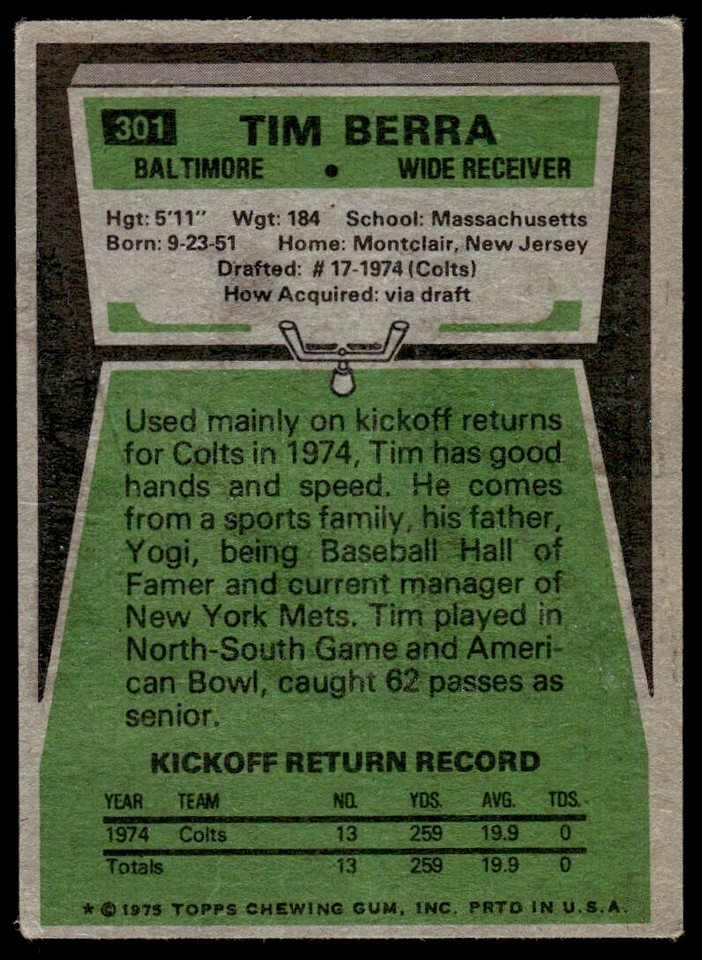 1975 TOPPS TIM BERRA AA RC BALTIMORE COLTS #301 | eBay