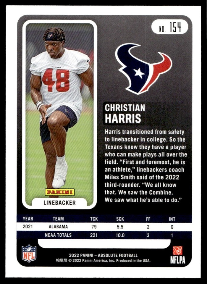 2022 Panini Absolute Blue Christian Harris Rookie Houston Texans #158 ...
