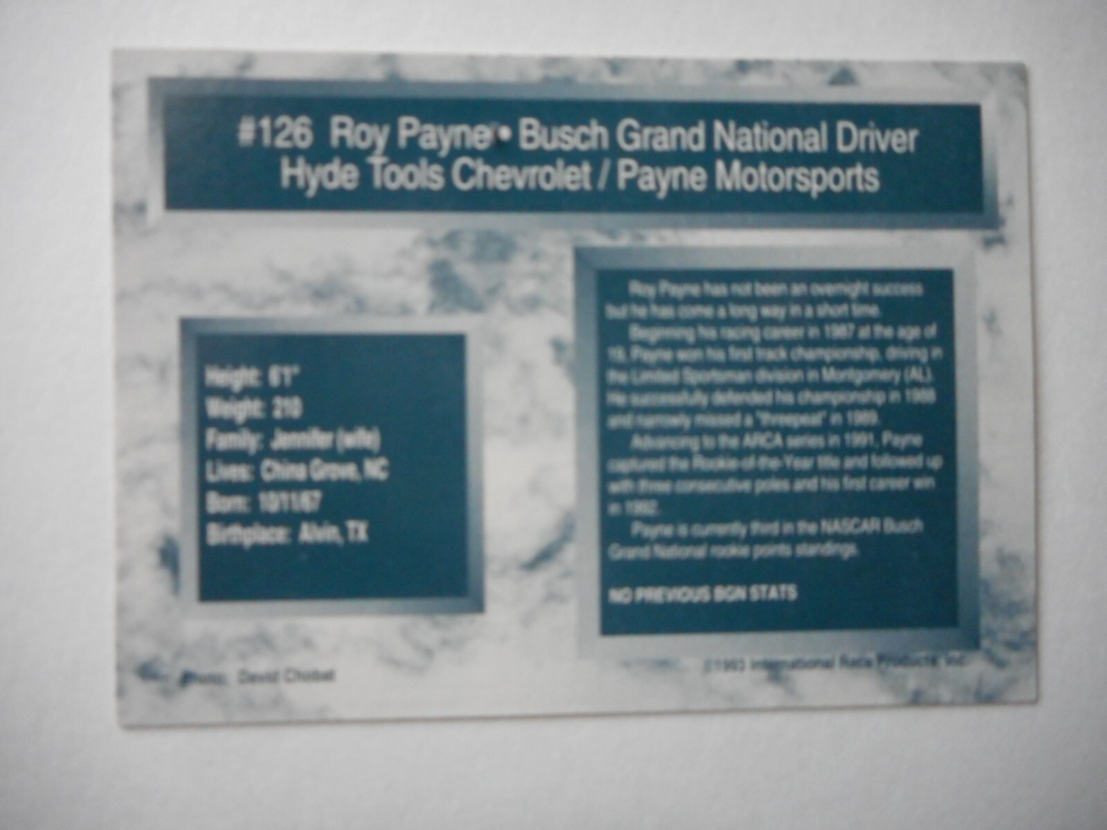 Roy Payne Signed 1993 TRAKS PREMIUM COLLLECTOR SERIES BUSCH/GN Nascar ...