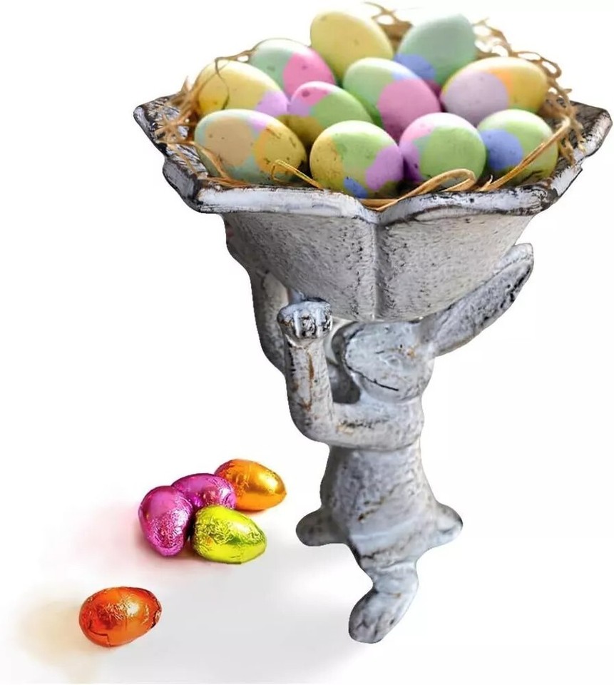 Vintage Garden Statue 9" Antique White Cast Iron Bunny Rabbit w/Flower ...