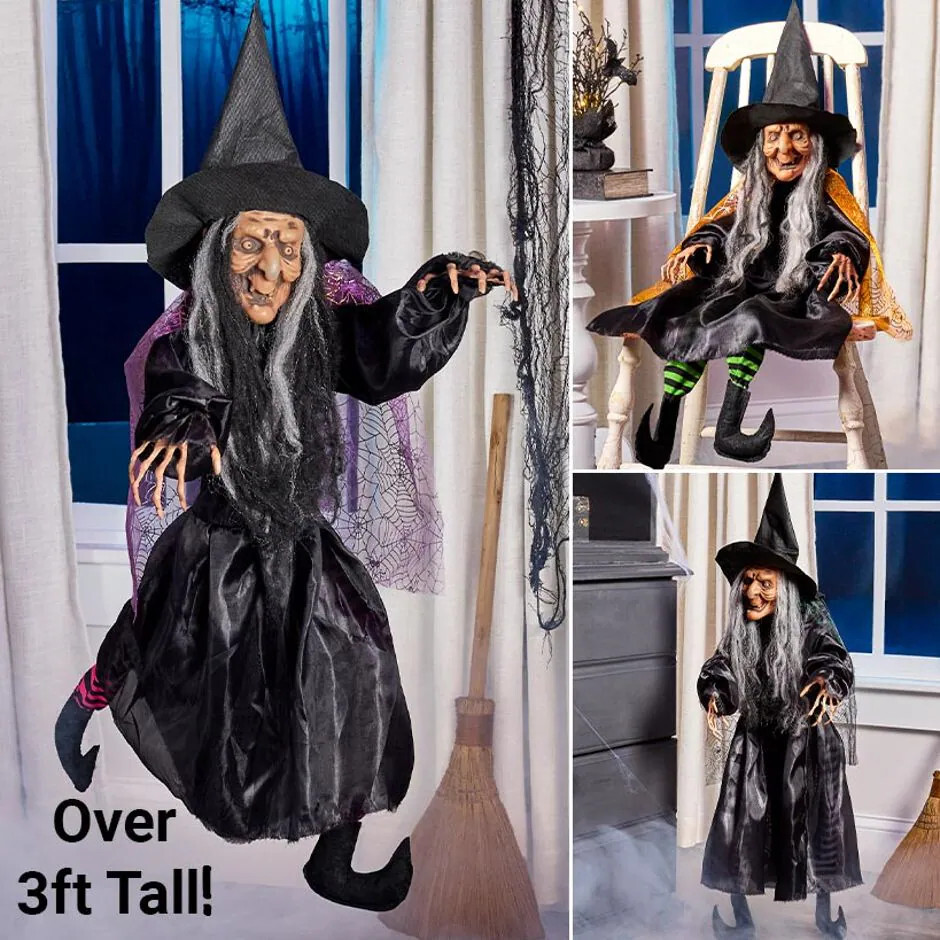 3FT Halloween Posable Wicked Witch w Spider Web Cape in GREEN, ORANGE ...