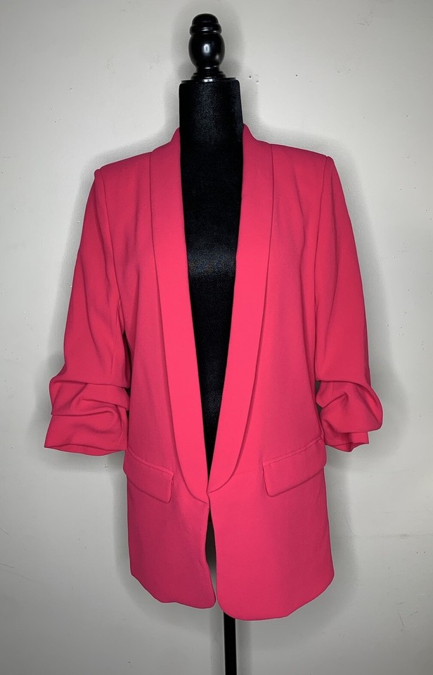 ZARA Pink Blazer Dress Jacket Rolled Up Sleeves Open Front W/ Pockets ...