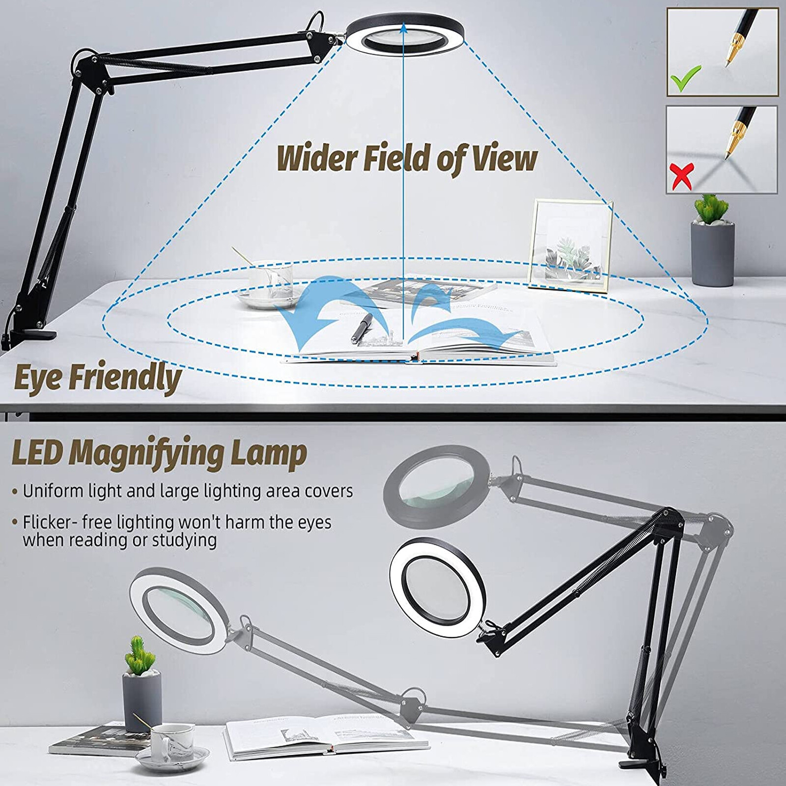Magnifying Lamp Hands-Free Adjustable Arm Magnifier for Close Work ...