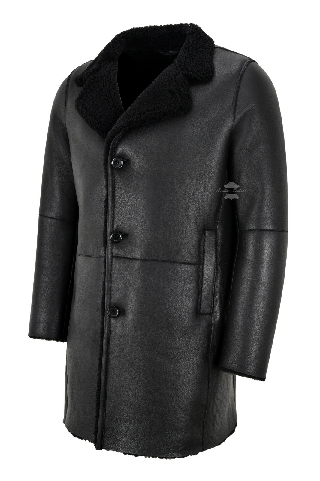 Men Sherling Sheepskin Coat Black Classic Real Shearling Trench Reefer ...