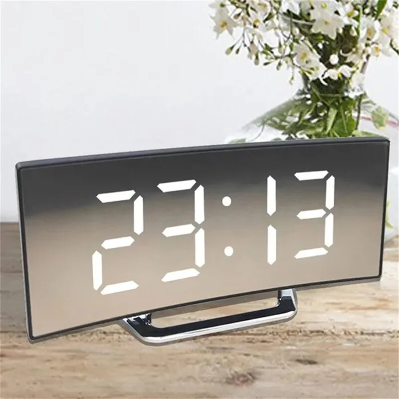 LED Digital Alarm Clock Curved Mirror Large Display USB Bedside Table ...