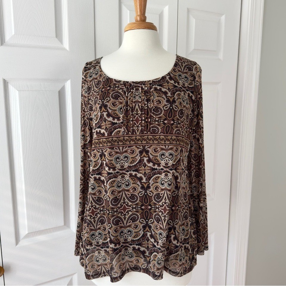Axcess Brown Paisley Long Sheer Sleeve Top Womens Sz L | eBay