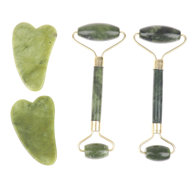 Natural Jade Massage Roller + Guasha Board SPA Scraper Stone Facial ...
