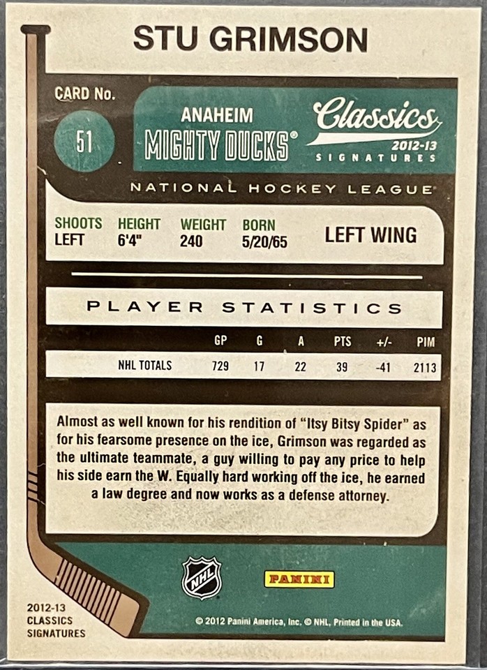 2012-13 Panini Classic Signatures "Stu Grimson" | eBay