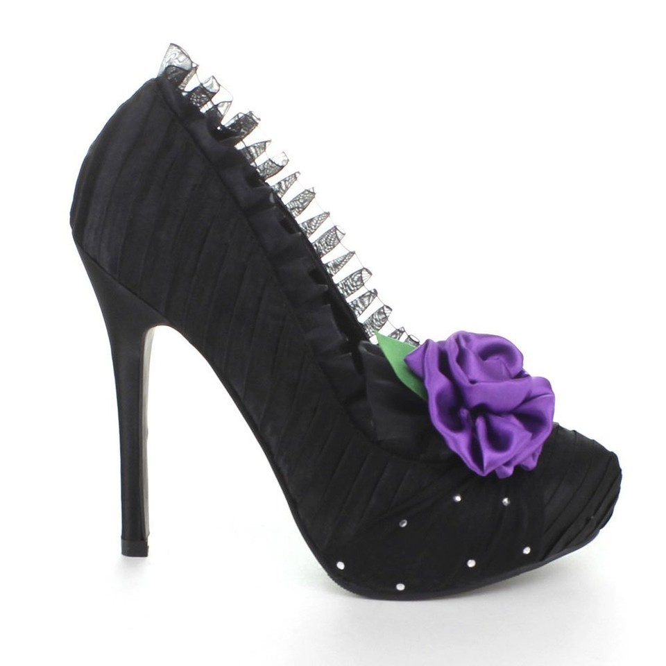 Ellie Black Satin Platform Pumps w Ruffle Trim, 5-Inch Stiletto Heel ...