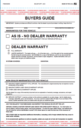 2 Part Car Dealer Buyer Guide New Pack of 100 As Is Forms Warranty ...