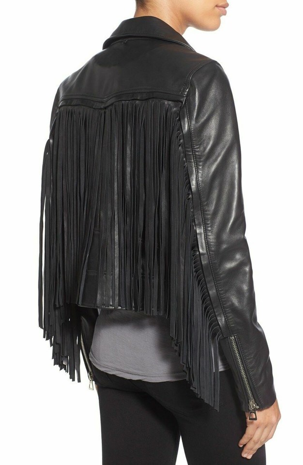 Women's Biker Jacket Black Slim Fit Fringe Motorcycle 100% Real ...