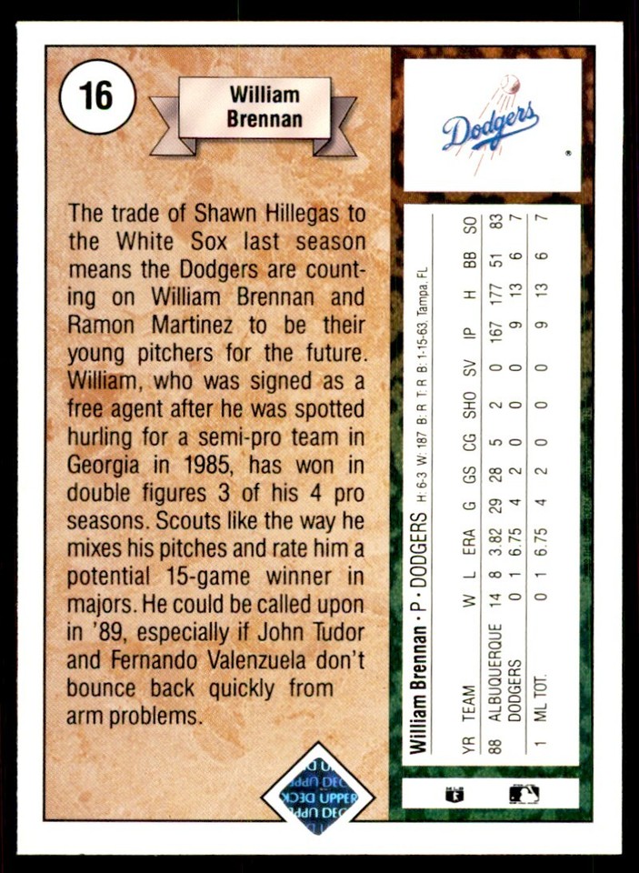 1989 Upper Deck William Brennan Rookie Baseball Cards #16 | eBay