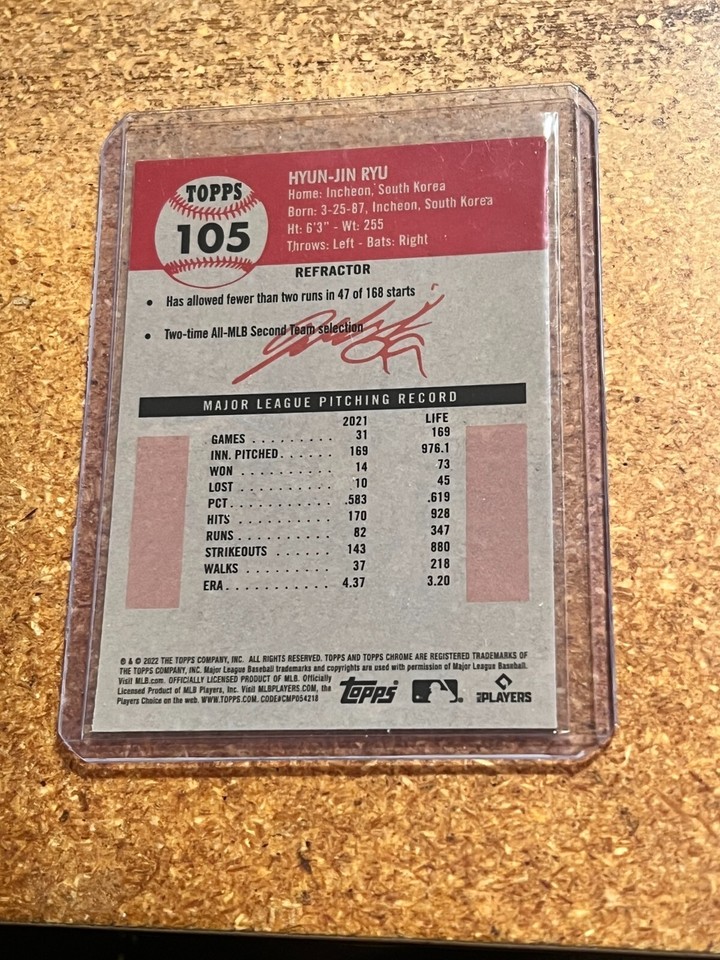 2022 Topps Chrome Platinum Baseball Silver Refractor # 105 Hyun-Jin Ryu ...