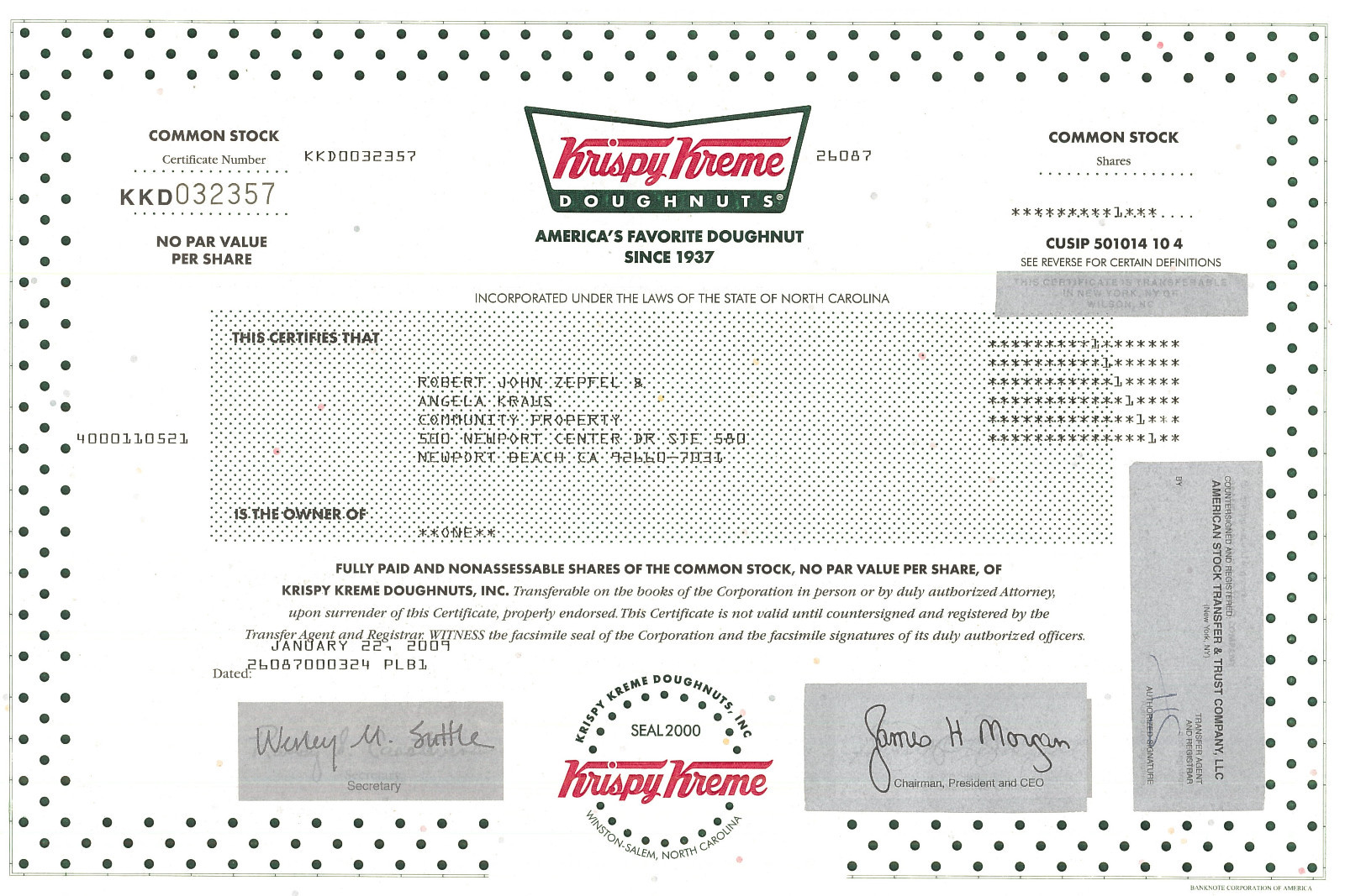 Krispy Kreme Doughnuts stock certificate | eBay