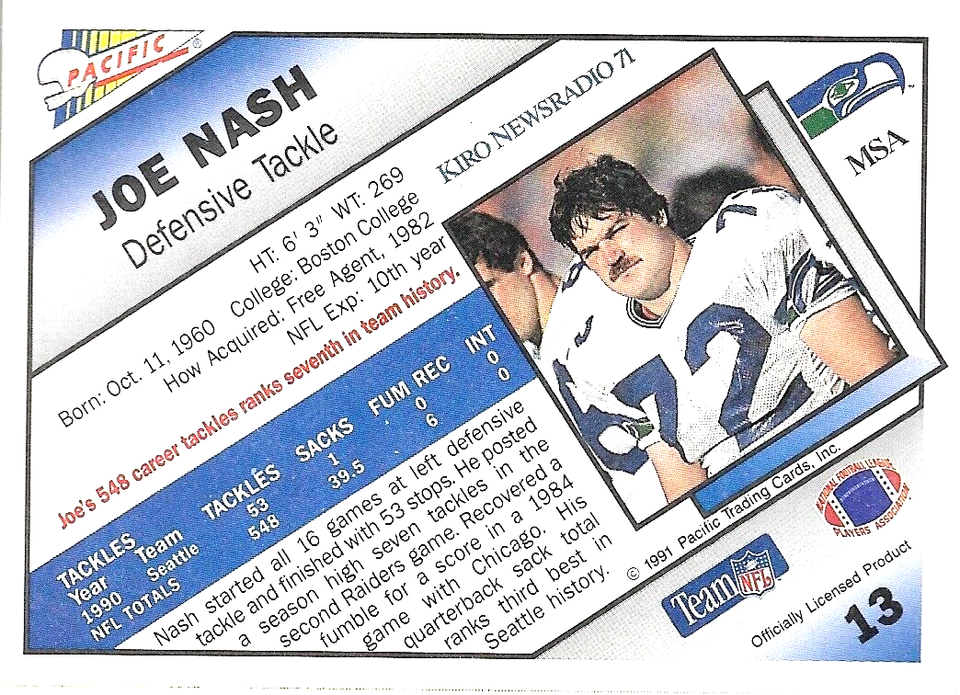 1991 Pacific Oroweat Seattle Seahawks Joe Nash 13 Football Card | eBay