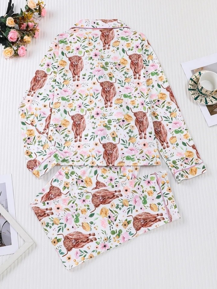 Ladies Highland Cow Pyjamas - Floral PJs Gift Plus Size 8 10, 12/14 16 ...