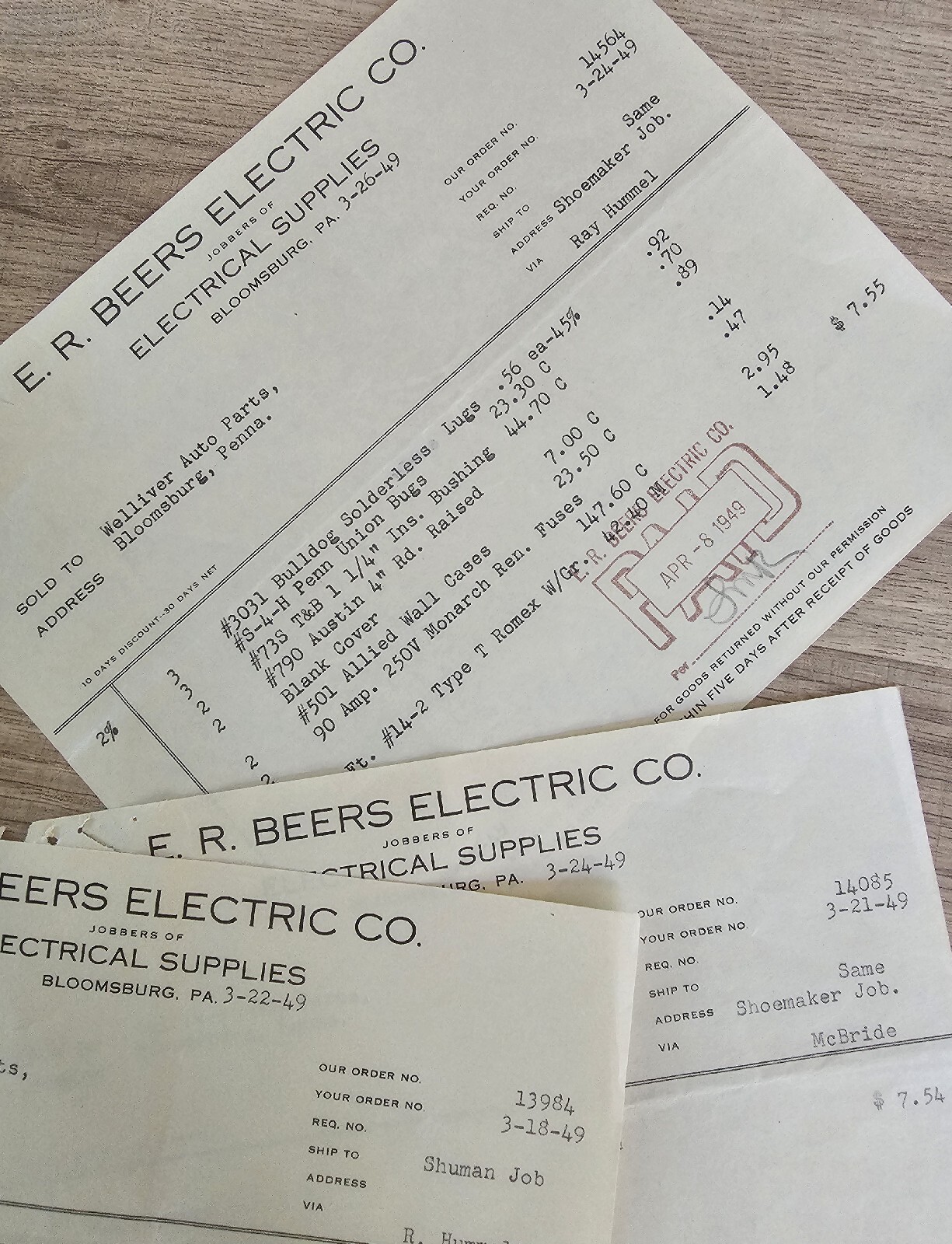 Lot of (3) 1949 E R Beers Electric Co Billheads Receipts Bloomsburg, PA ...