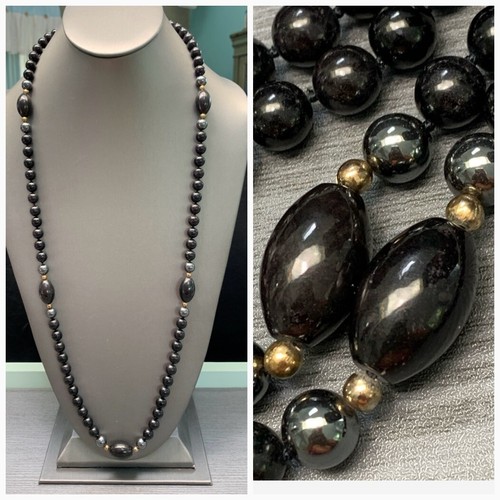 Vintage Black Onyx Hematite Stone Beaded Ling Strand Necklace 30” Black ...