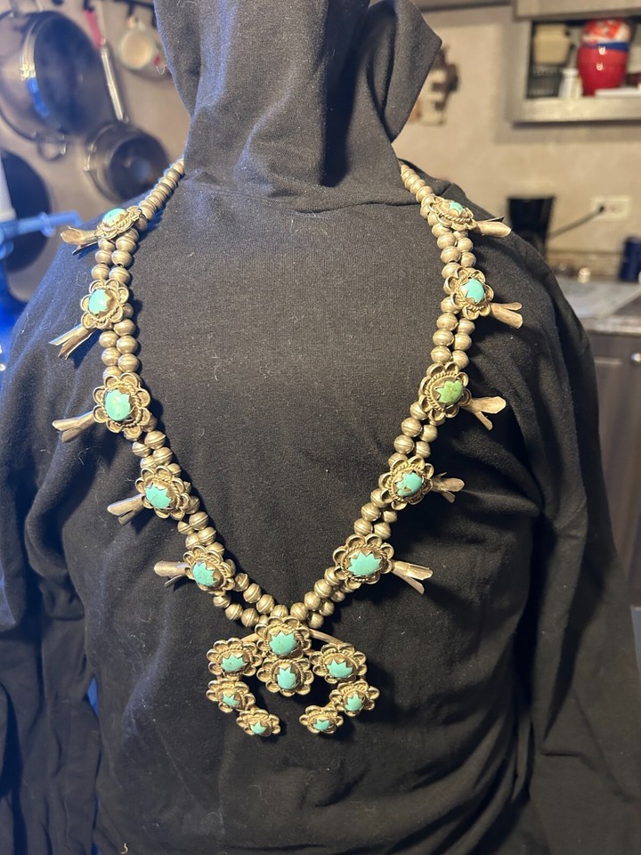 Old Pawn Rustic Natural TURQUOISE & Sterling 26" Squash Blossom ...