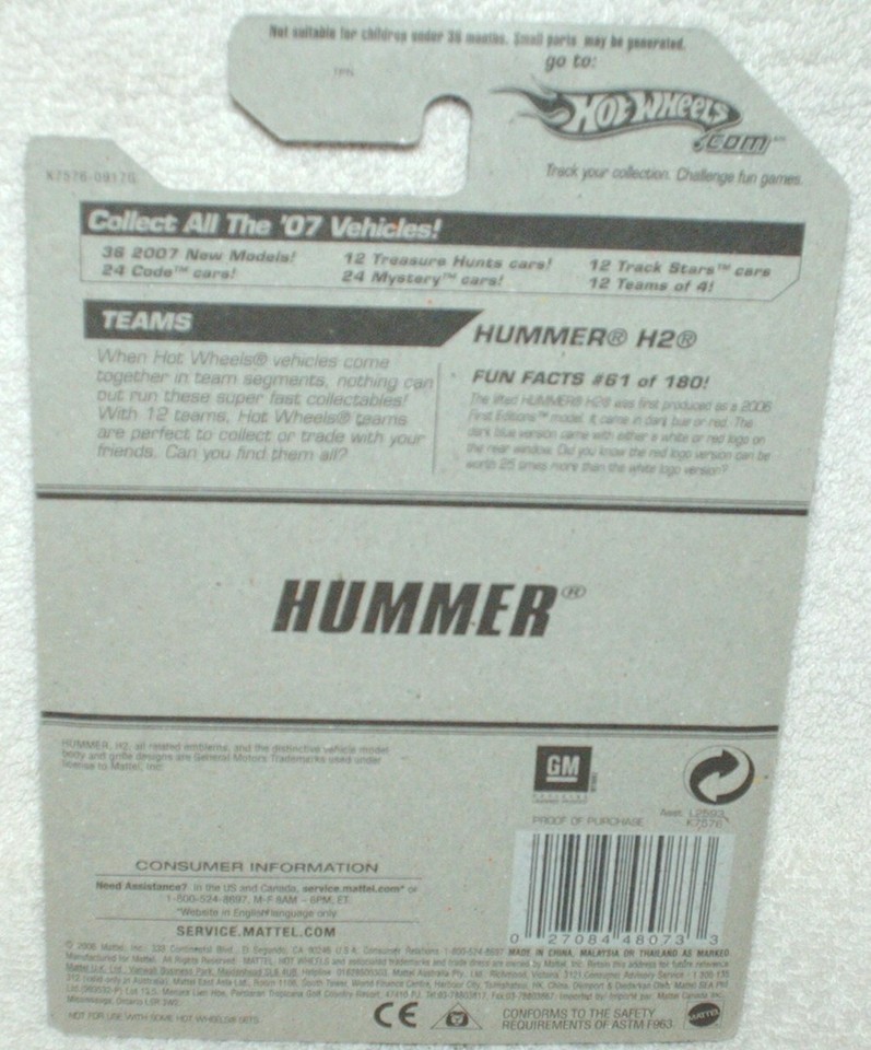 Hot Wheels 2007 Hummer Series Hummer H2 Thailand bas,ex.card, I combine ...