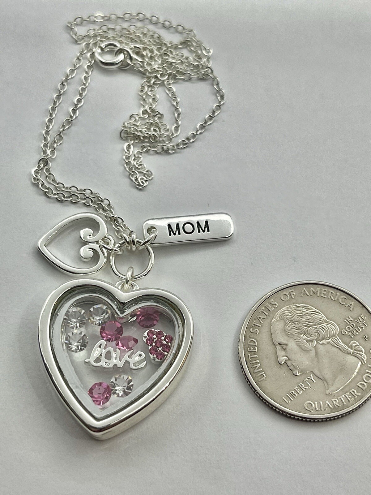 Vintage Glass Heart Pink & Clear Crystals Silvertone Locket Pendant ...