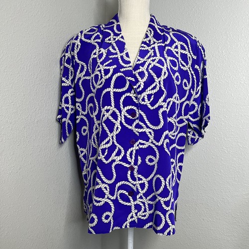 Diane Von Furstenberg Indigo Blue Nautical Rope Print Silk Asset Blouse ...